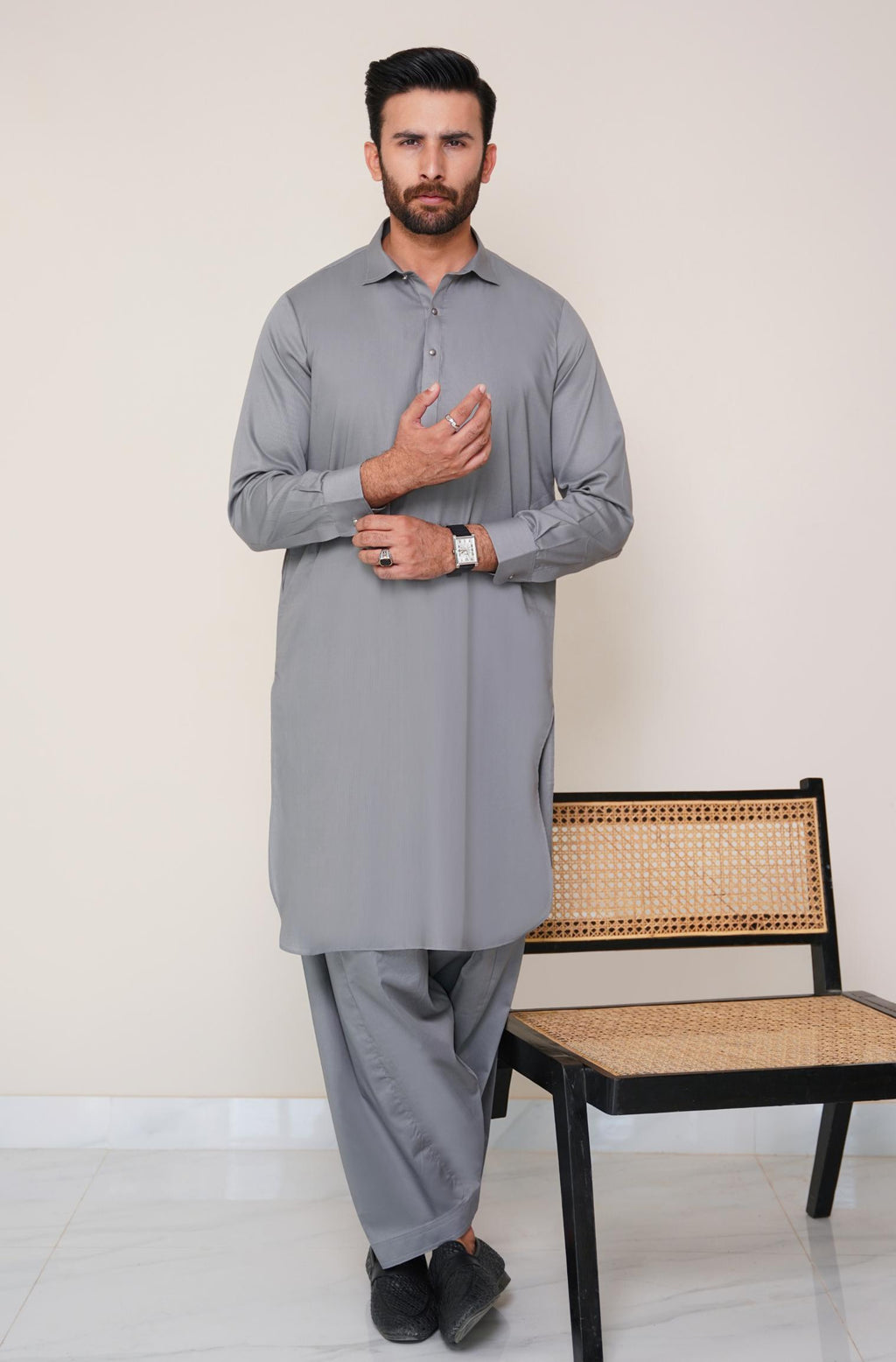 Textured Cotton Kameez Shalwar - Stone Grey (Men) – Manto